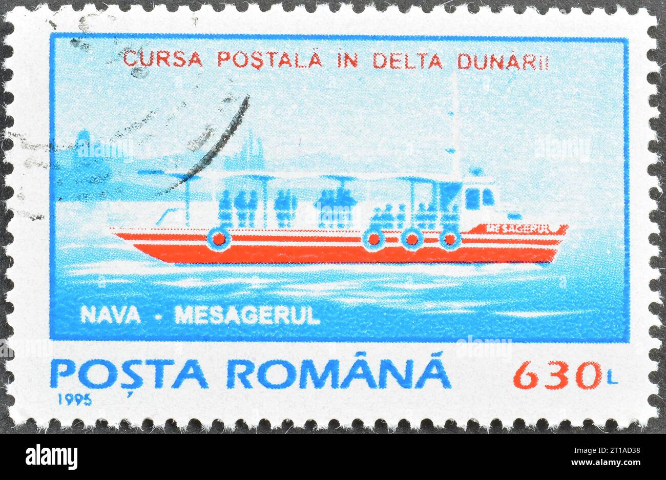 Cancelled postage stamp printed by Romania, that shows Post Ship "The ...