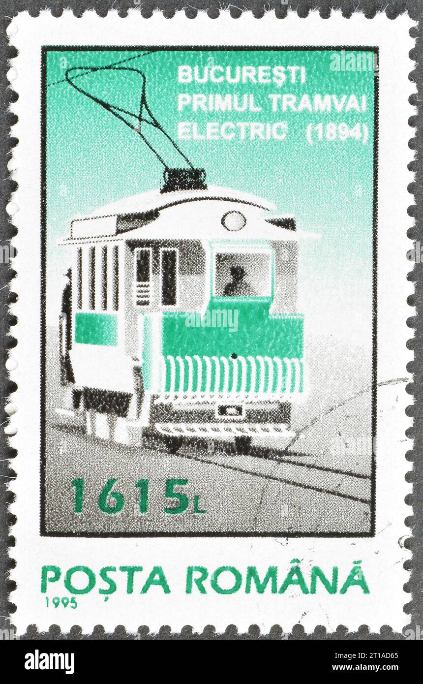 Cancelled postage stamp printed by Romania, that shows Electric Tram ...