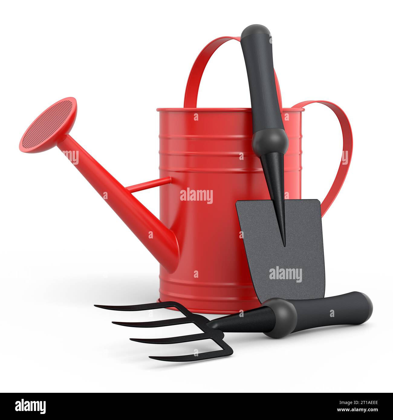 Watering can with garden tools like shovel, rake and fork on white ...