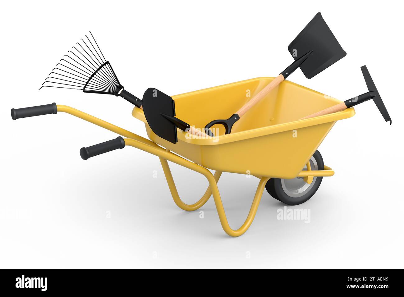 Garden wheelbarrow with garden tools like shovel, rake and fork on ...