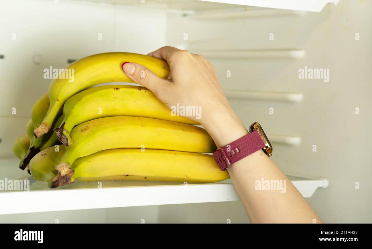 Female hand holding a bunch of bananas on a shelf in the refrigerator ...