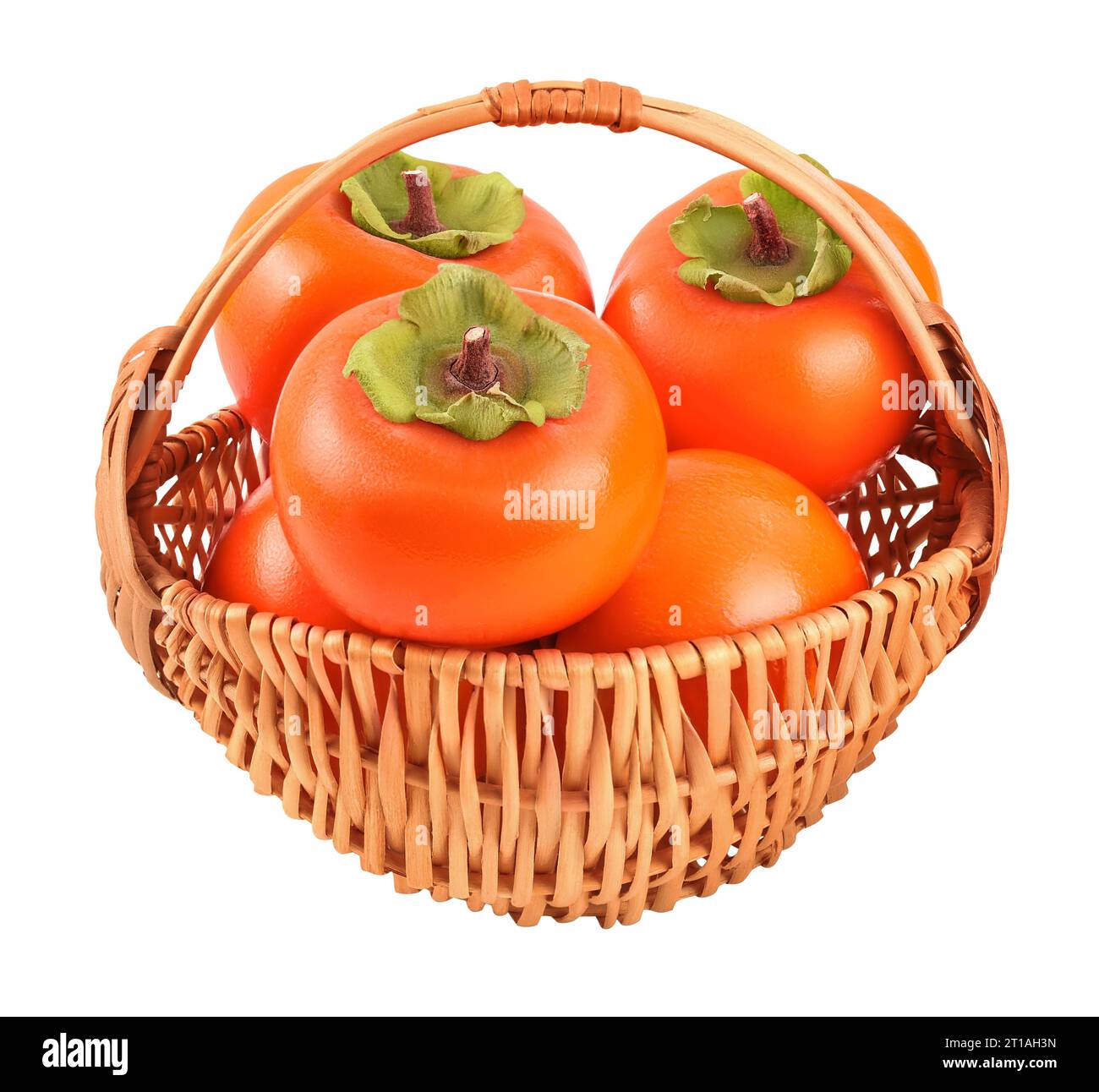 Persimmon fruit in wicker basket isolated on white background with full ...