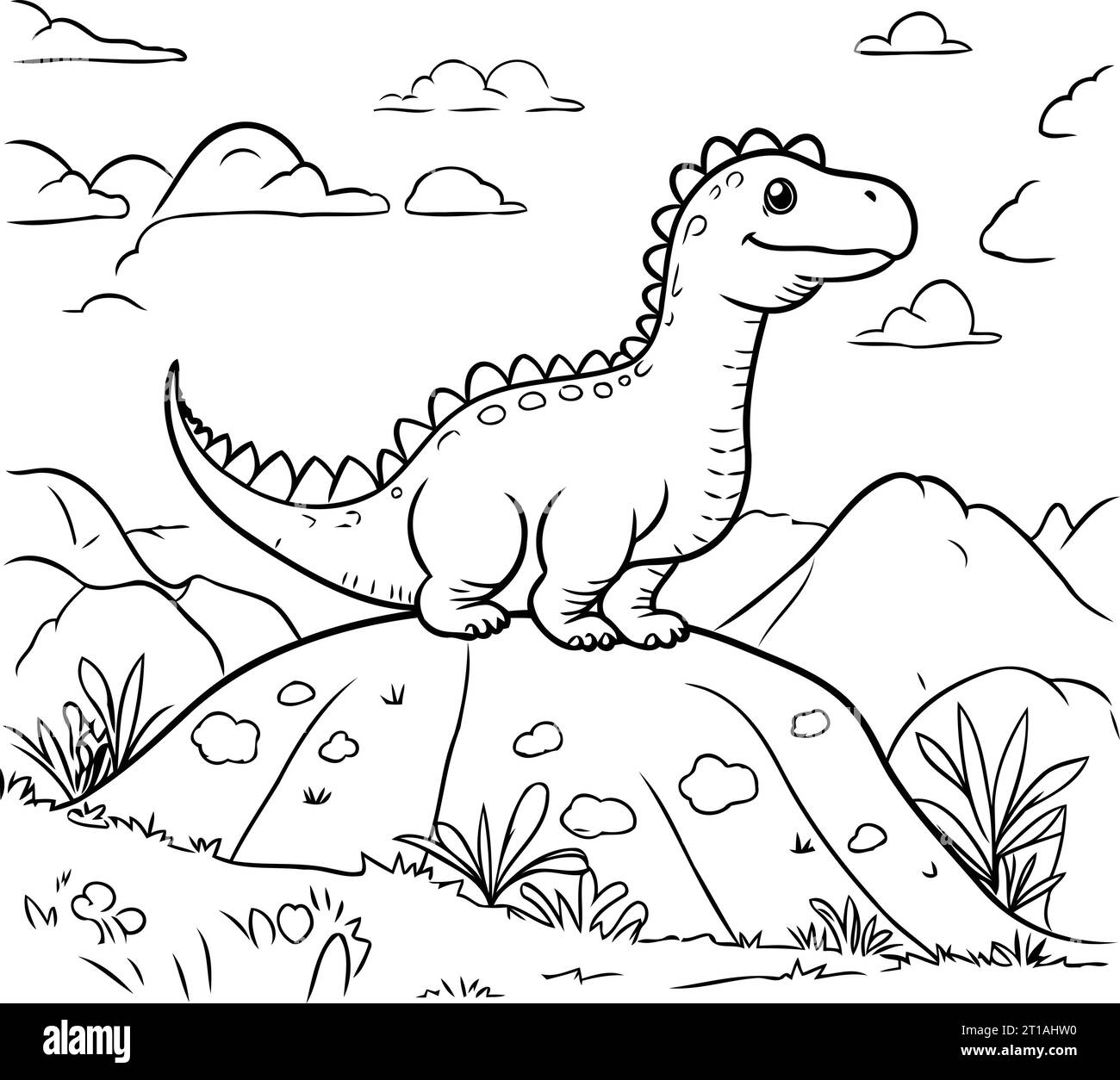 Cute cartoon dinosaur on a rock. Vector illustration for coloring book ...