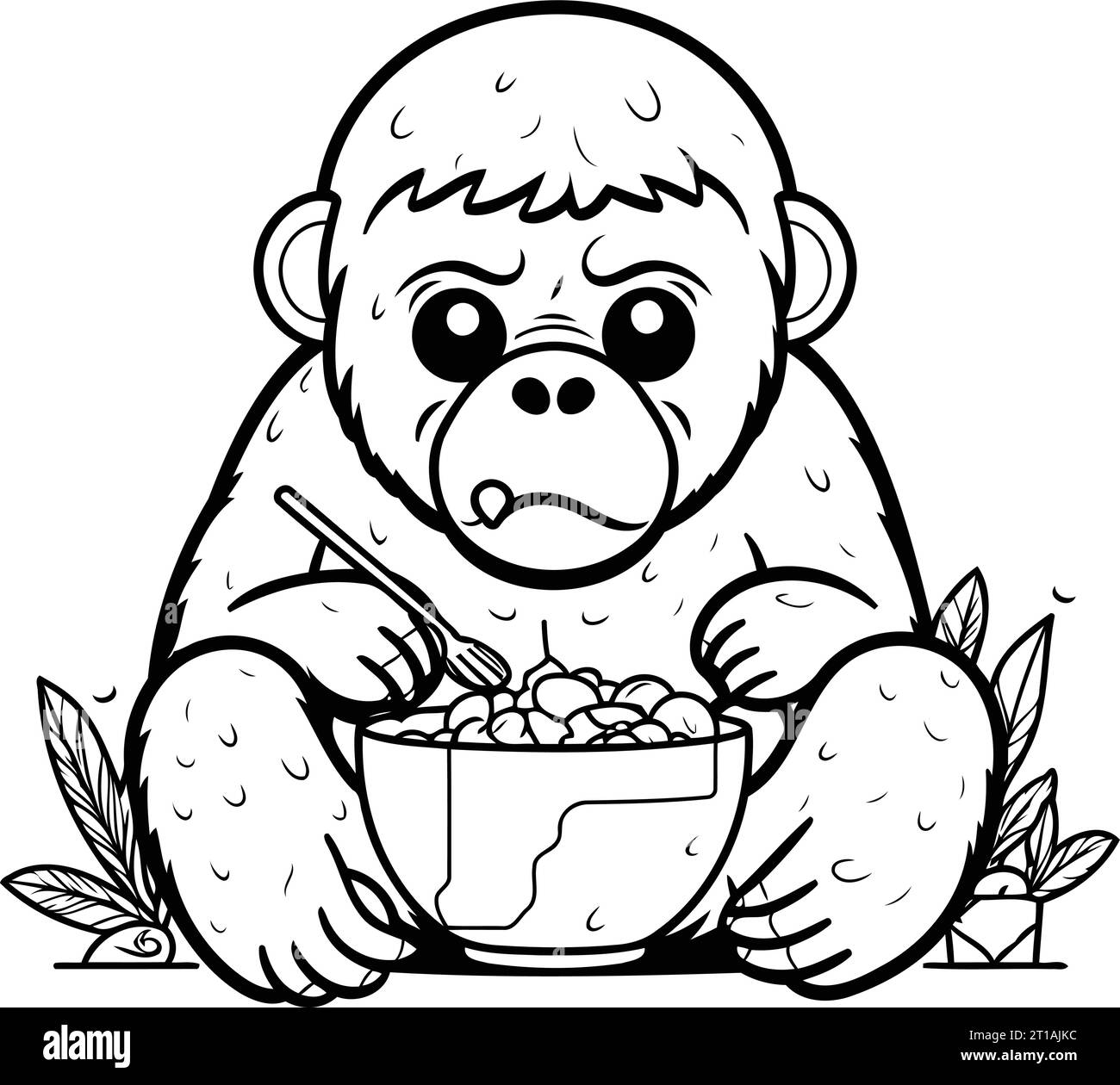 Monkey eating a bowl of cereals. Monochrome vector illustration Stock ...