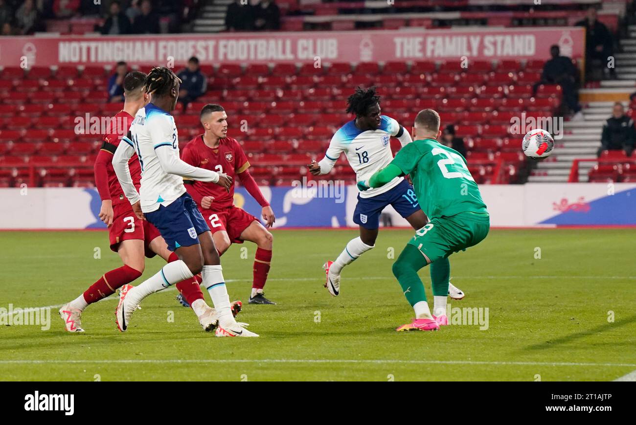 Nottingham, UK. 12th Oct, 2023. Jonathan Rowe of England heads the ...