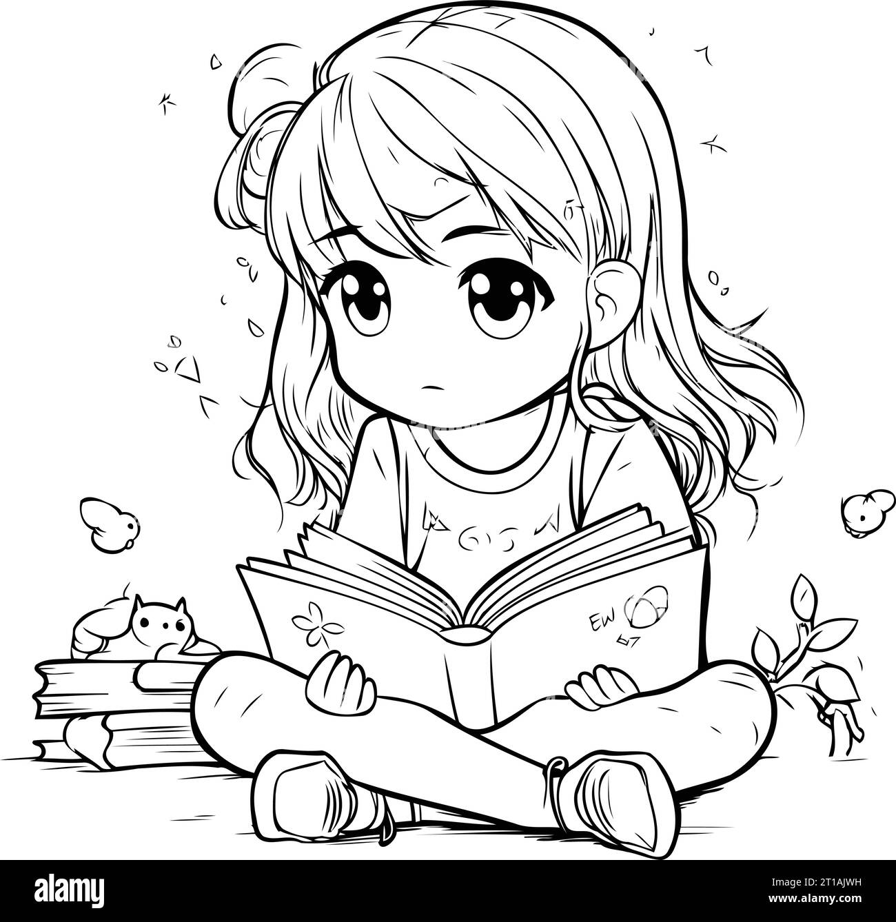 Cute little girl reading a book. Vector illustration for coloring book ...
