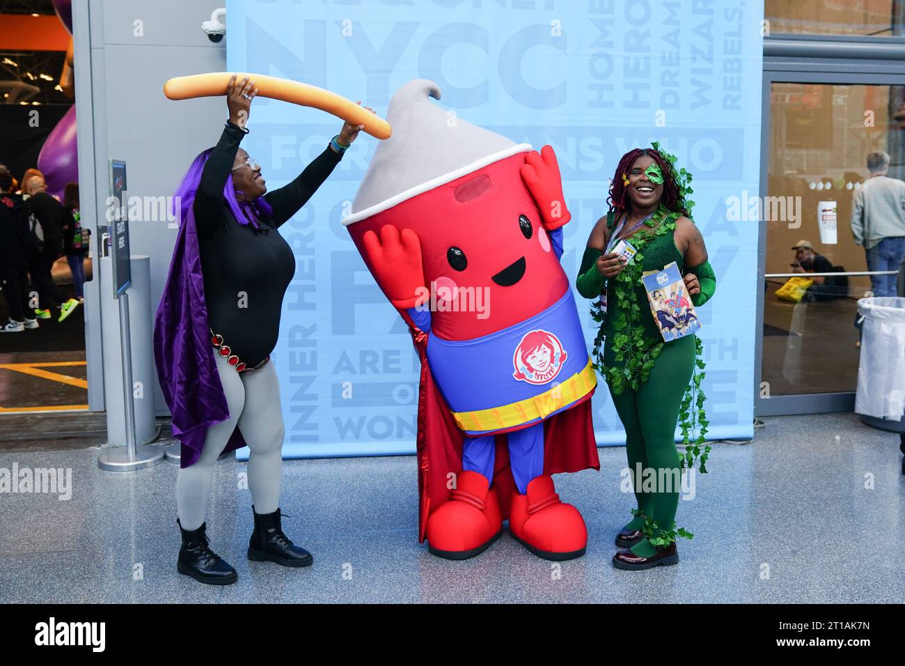 New York, New York, USA. 12th Oct, 2023. Girls dressed as super heros ...