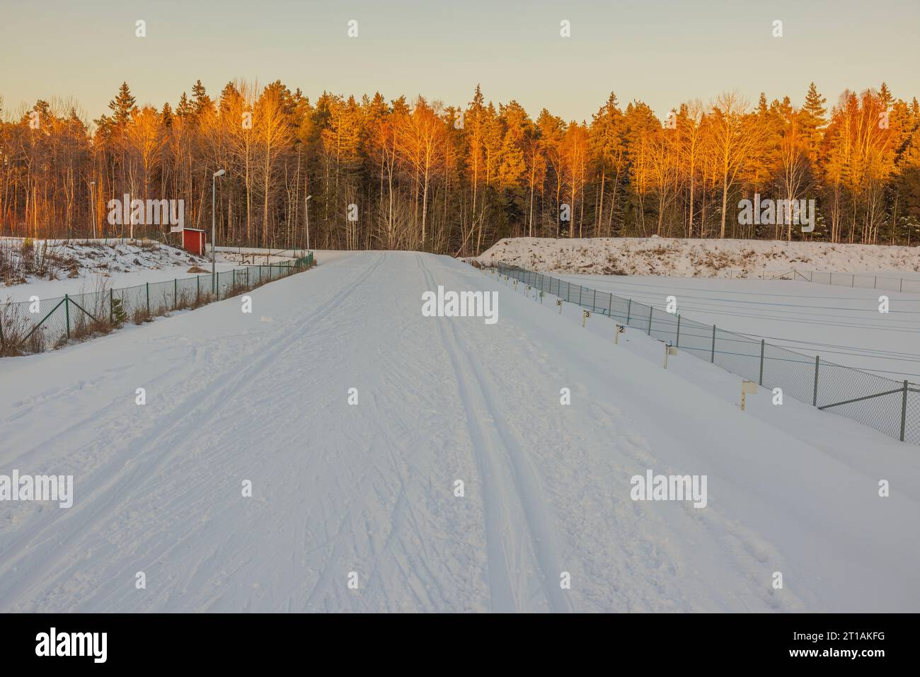 Beautiful winter view of ski biathlon stadium with shooting ranges ...