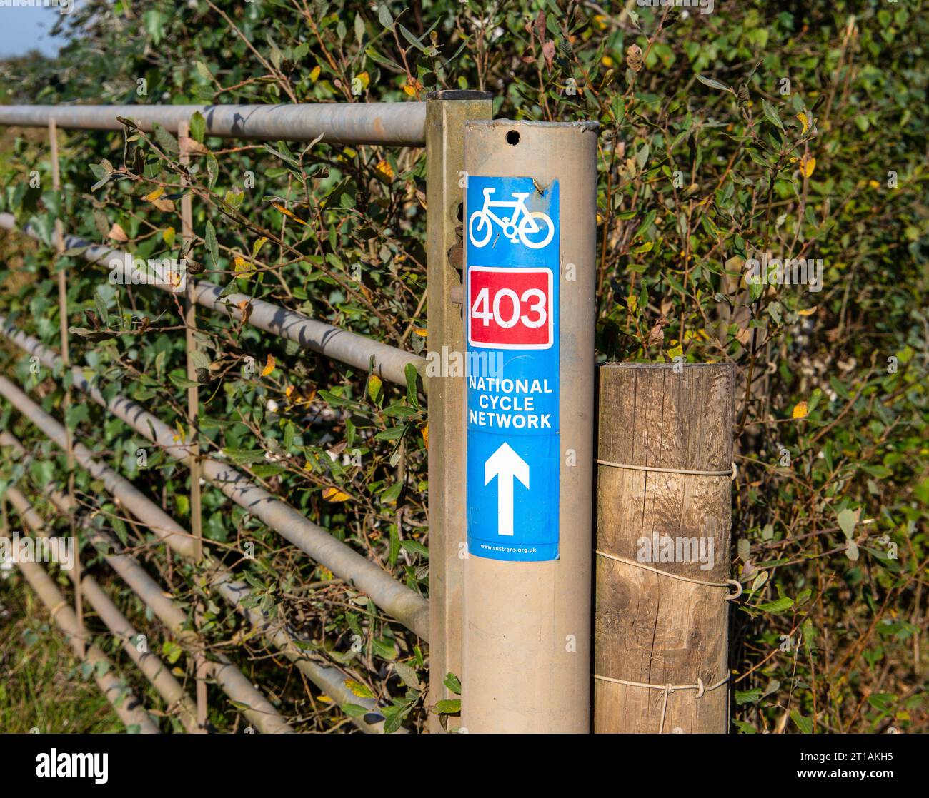 Cycle route sign on metal gate post Stock Photo - Alamy
