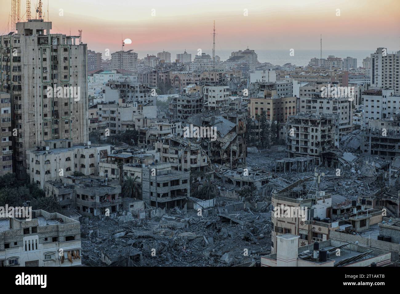 A view of ruins and demolished buildings following Israeli air strikes ...