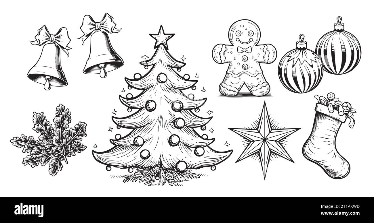 Christmas set, hand drawn sketch. Symbol of Christmas and New Year ...
