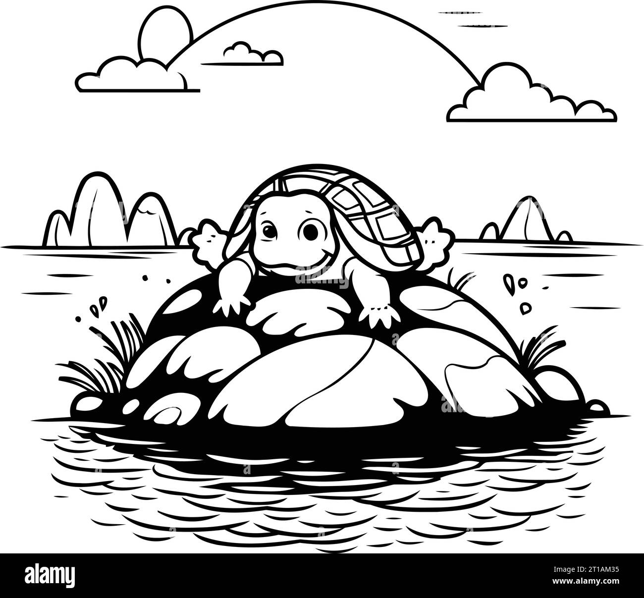Cartoon turtle on a rock in the lake. Vector illustration Stock Vector ...