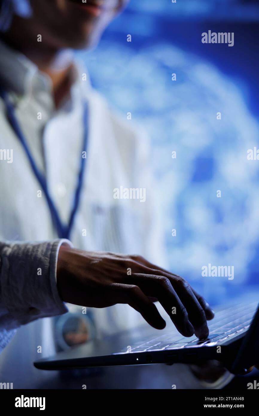 It Consultant Using Laptop To Maintenance Artificial Intelligence Neural Networks Simulating