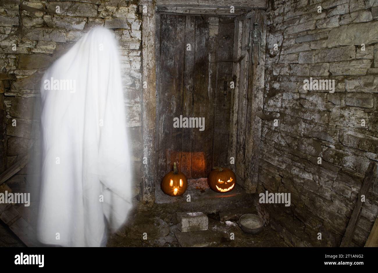ghost in abandoned building Halloween background Stock Photo - Alamy