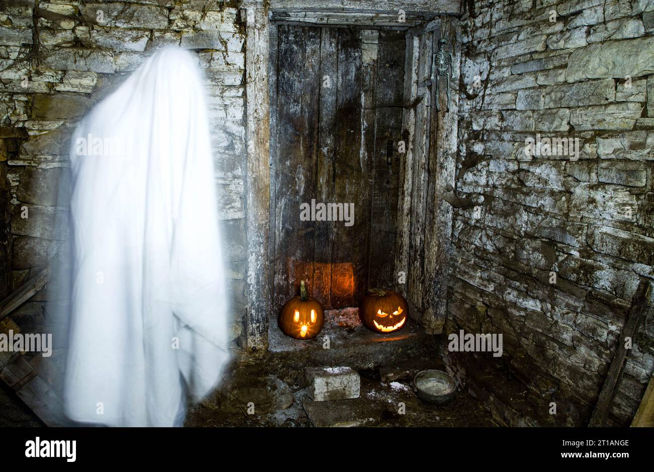 ghost in abandoned building Halloween background Stock Photo - Alamy