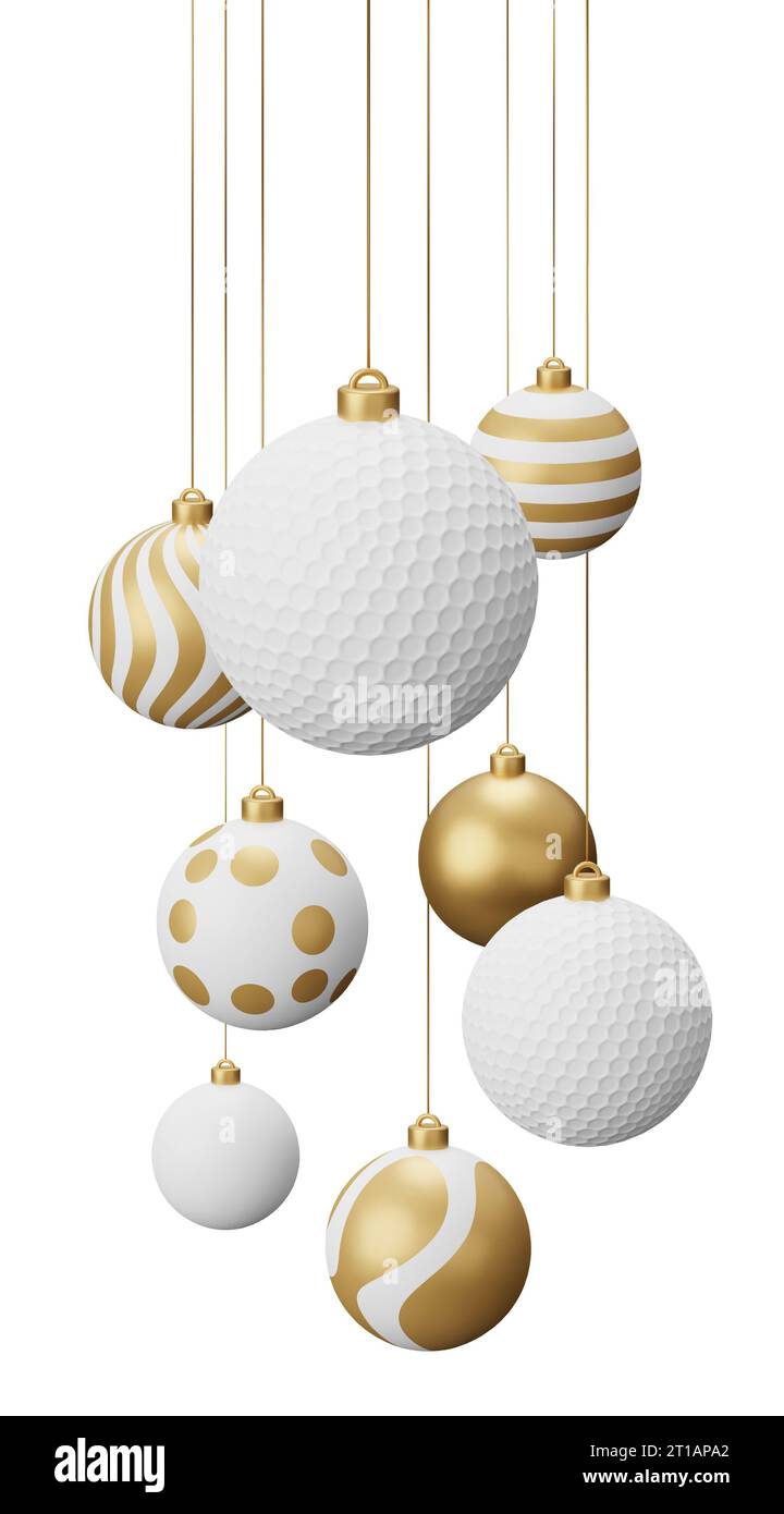 Golden Golf Hanging Christmas Balls. 3d render illustration isolated on ...