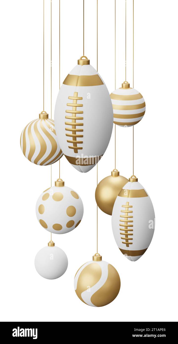 Golden rugby Hanging Christmas Balls. 3d render illustration isolated ...