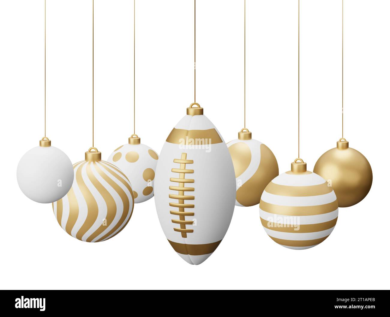 Golden rugby Hanging Christmas Balls. 3d render illustration isolated ...
