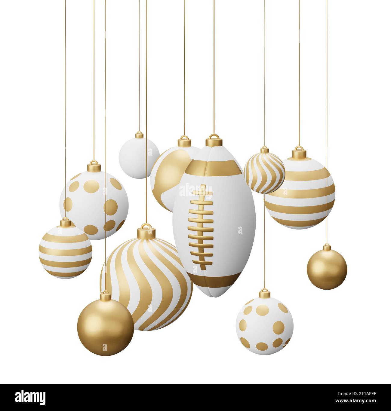 Golden rugby Hanging Christmas Balls. 3d render illustration isolated ...