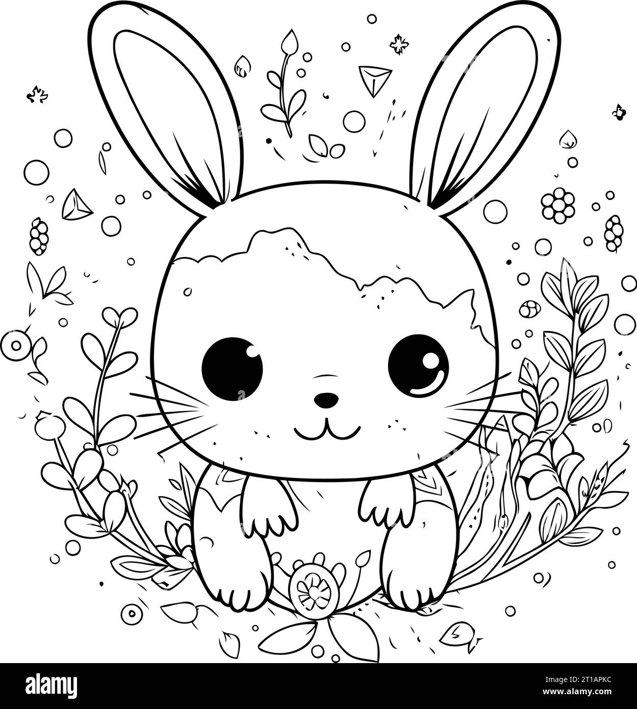 cute little rabbit with flowers and leafs frame vector illustration ...