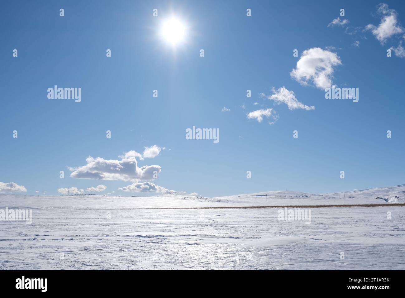 Snowy lowland with sunny clear sky background. Snowy winter landscape ...
