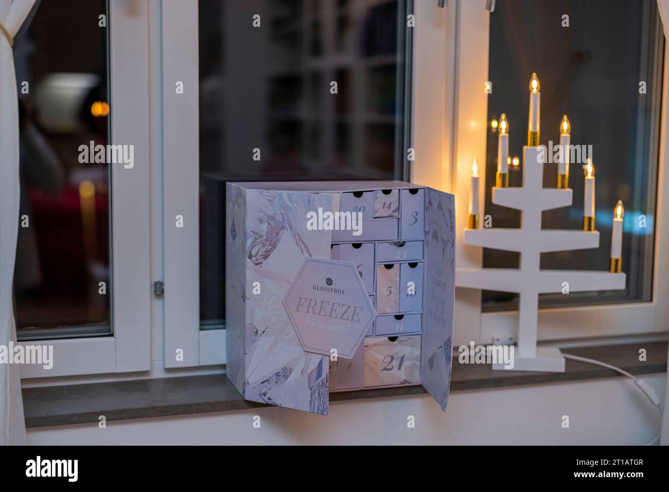 Beautiful interior view of apartment window decorated with advent ...