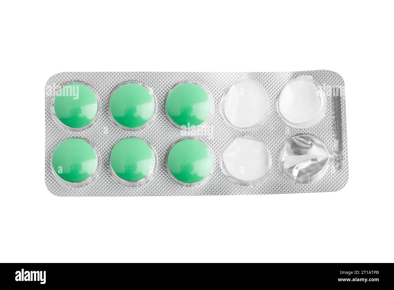 Green tablets in a blister pack. Opened packaging. isolated on white ...