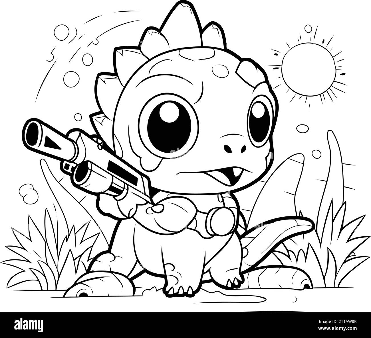 Cute little dinosaur with a gun. Vector illustration for coloring book ...