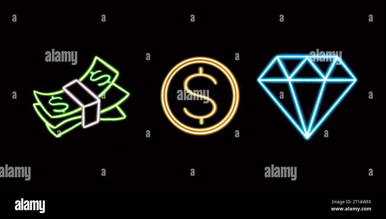Neon Finance Set, Gold Coin, Diamond, Dollars. glowing desktop icon ...