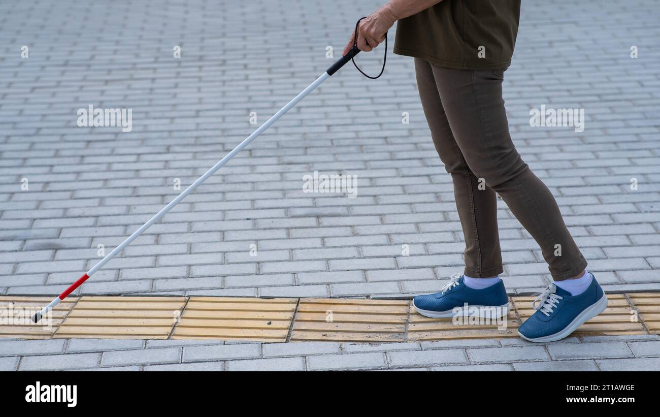Close-up of the legs of an elderly blind woman with a cane at a tactile ...