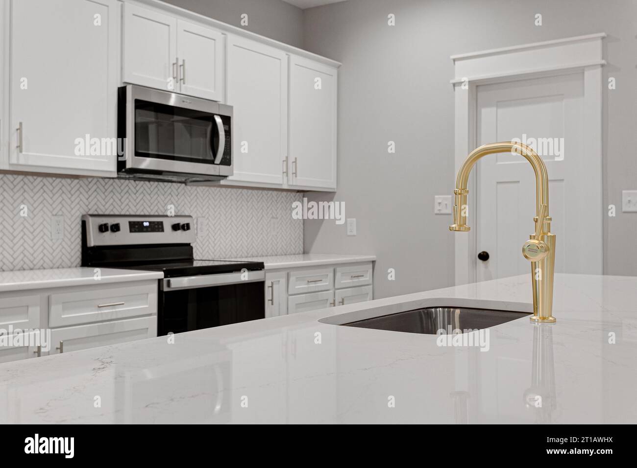 New Modern Kitchen Island Interior with Brass Gold Faucet and Open Sink ...