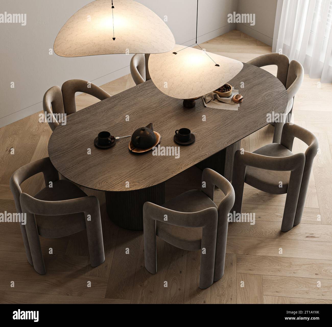 Modern minimal style wooden kitchen interior with window and dining ...