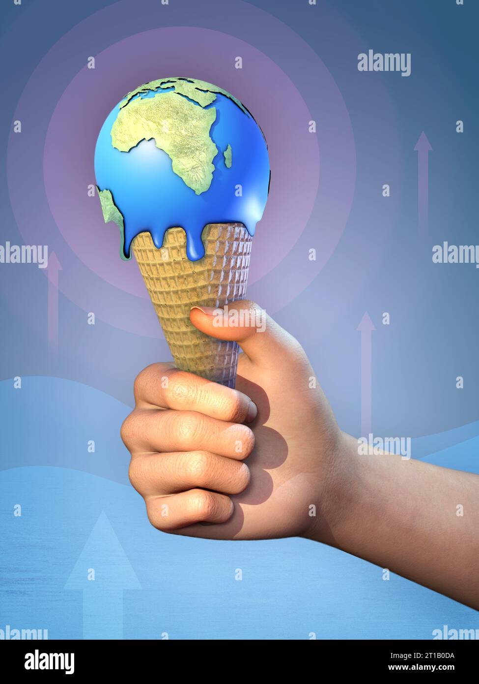 A hand holding an ice cream cone, with a melting Earth globe. Digital ...