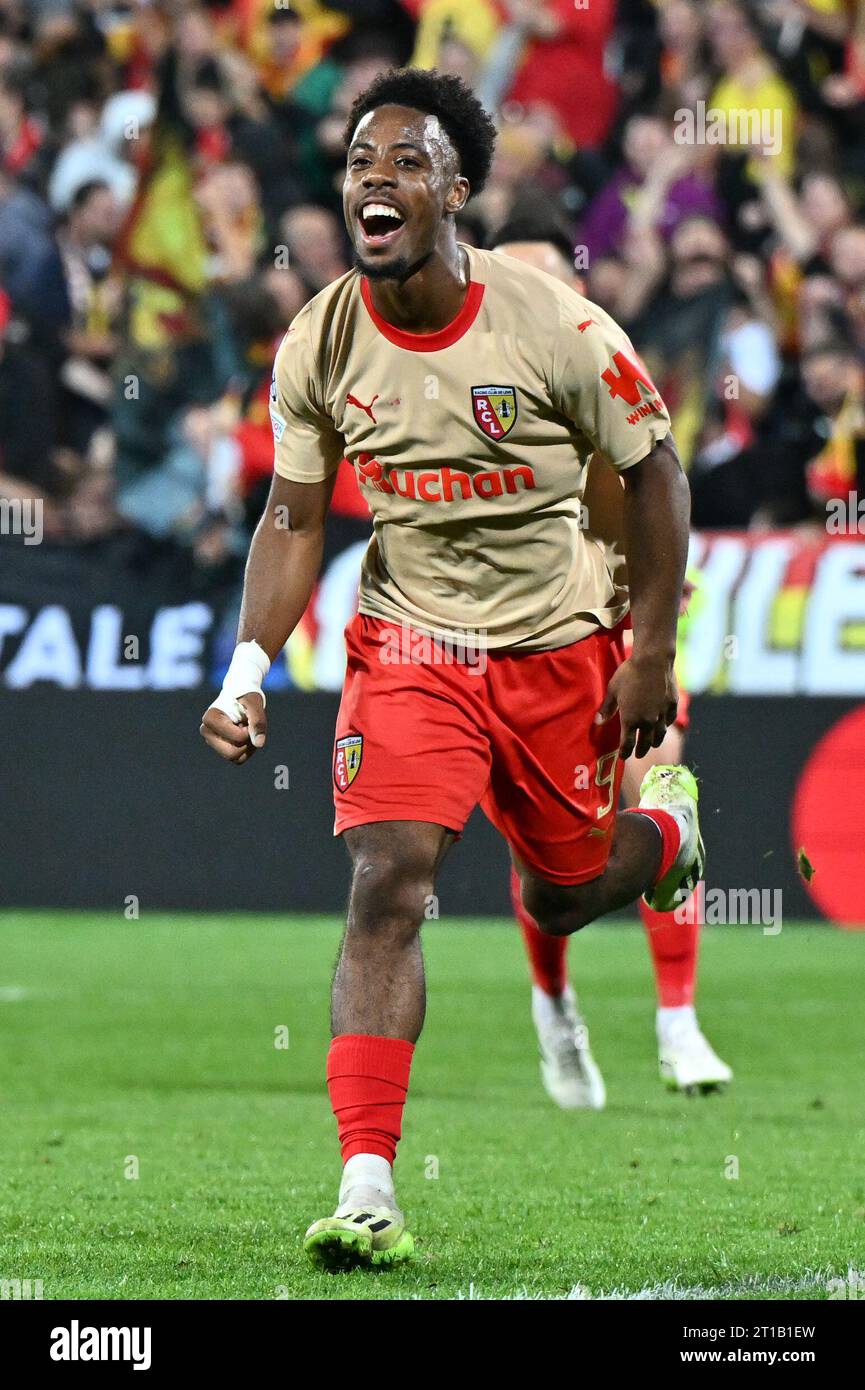 Elye Wahi (9) of RC Lens celebrating after scoring the 2-1 winning goal ...