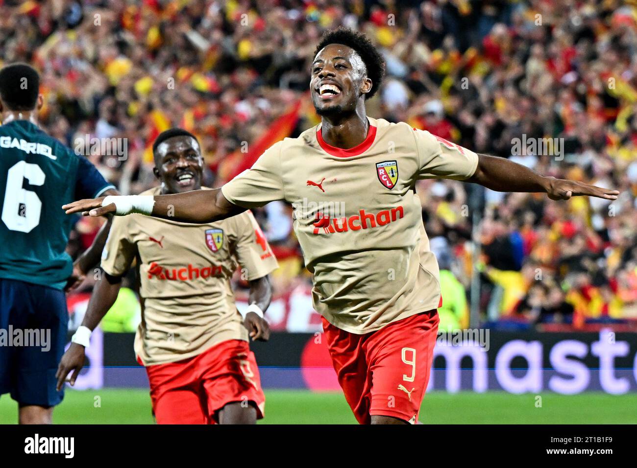 Elye Wahi (9) of RC Lens celebrating after scoring the 2-1 winning goal ...