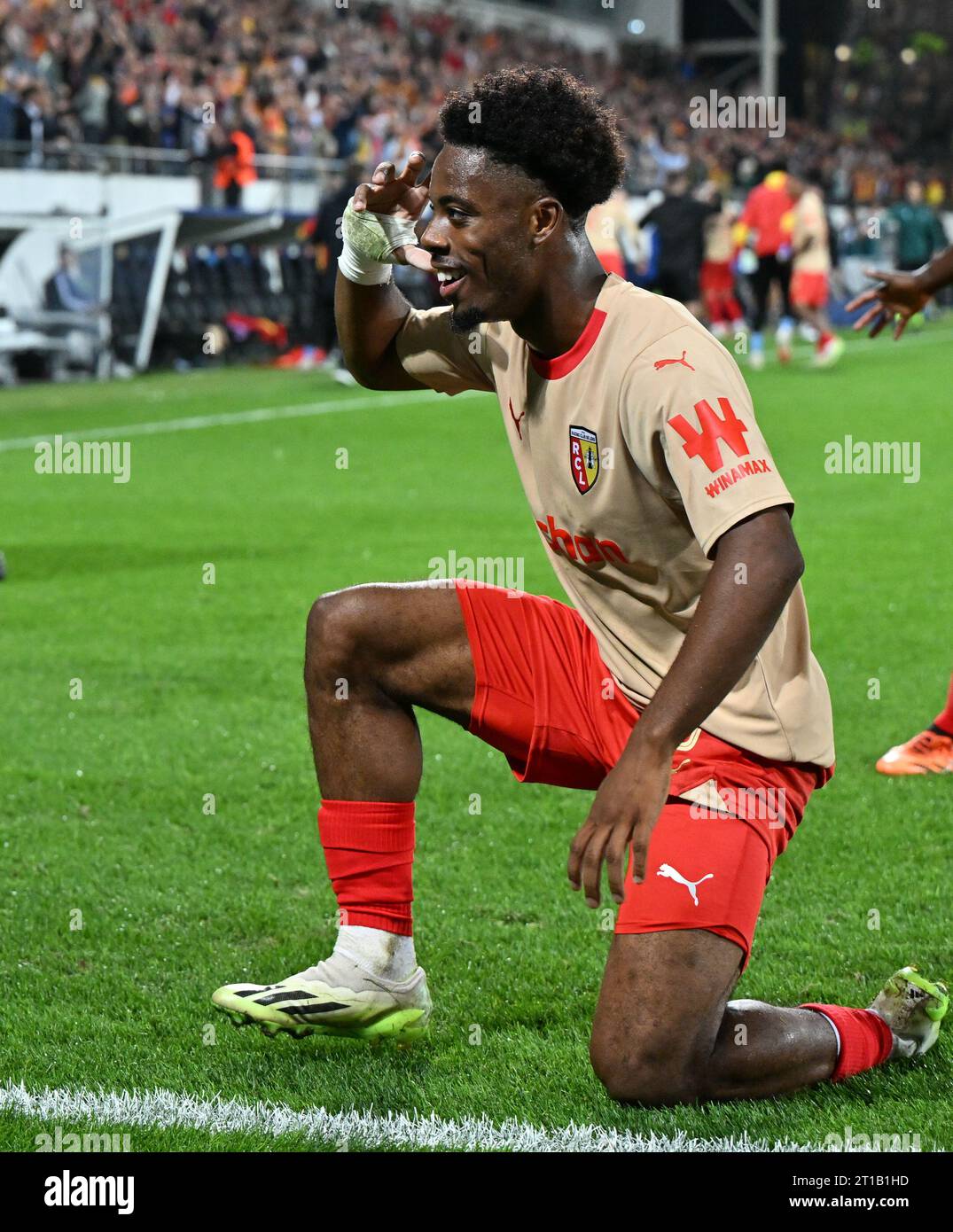 Elye Wahi (9) of RC Lens celebrating after scoring the 2-1 winning goal ...