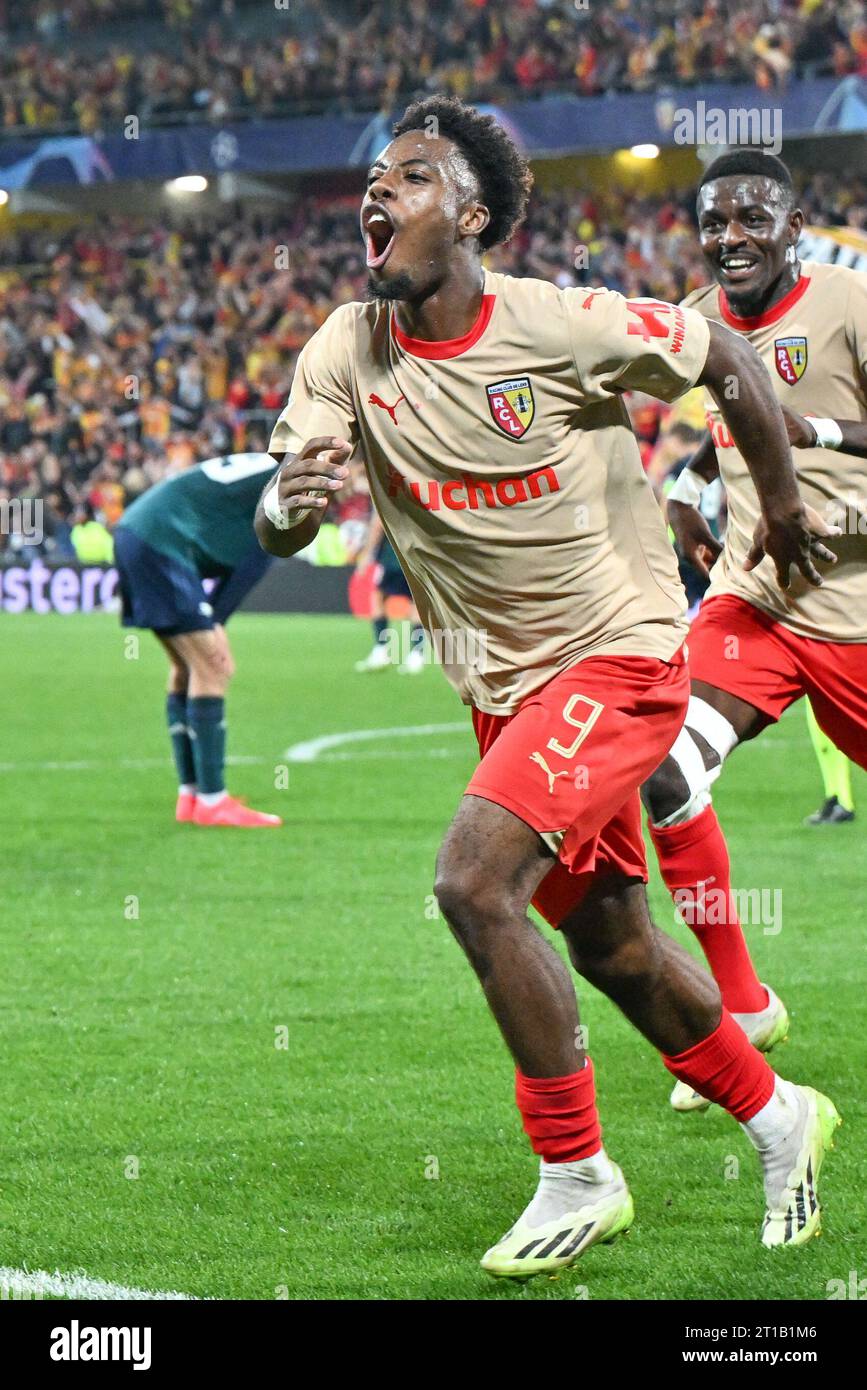 Elye Wahi (9) of RC Lens celebrating after scoring the 2-1 winning goal ...