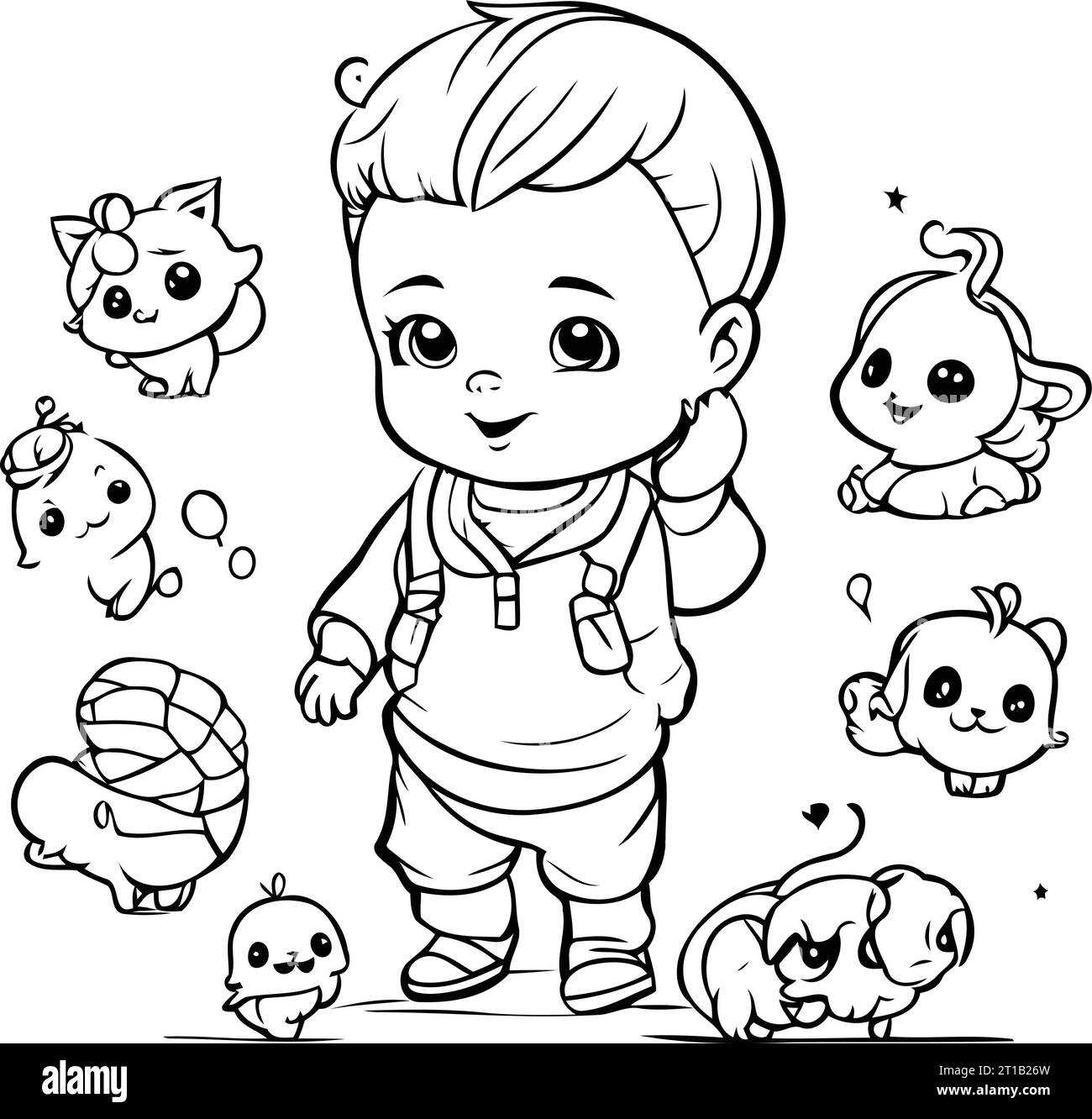 Cartoon little boy with cute animals. Vector illustration for coloring ...