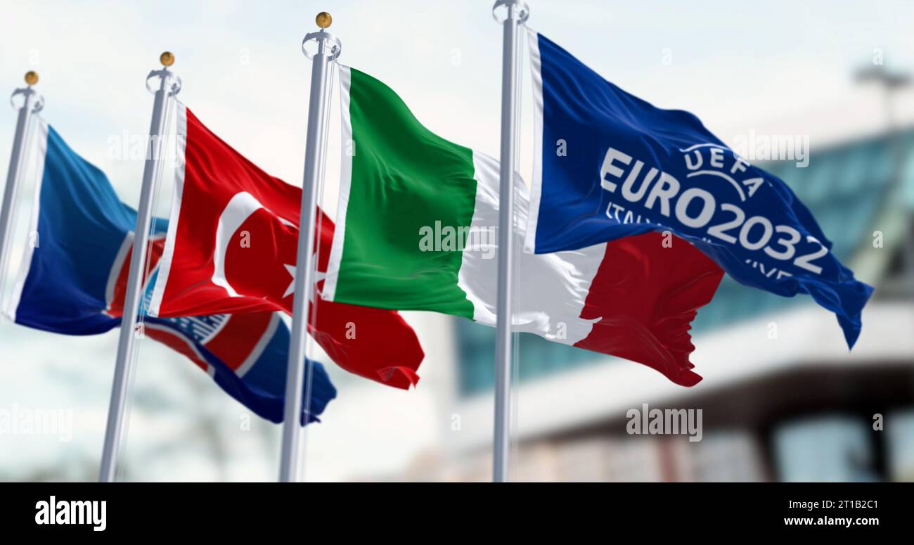 Nyon, CH, Oct. 10 2023: flags of UEFA, Turkey, Italy, and EURO 2032 ...