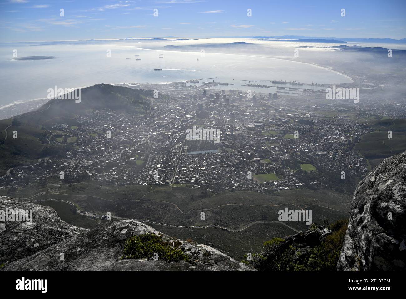 View of the city from Table Mountain, fog, Cape Town, Western Cape ...