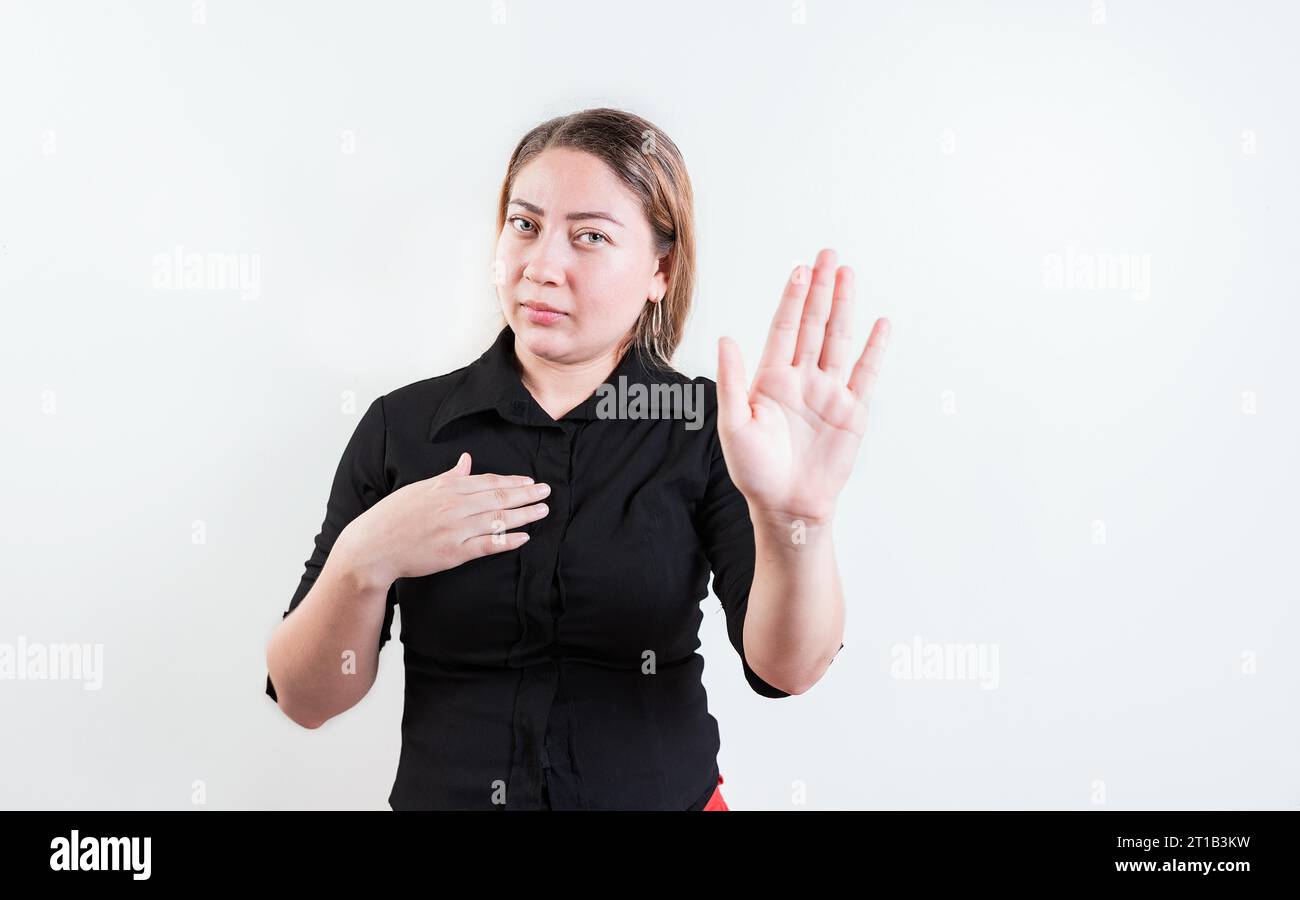 Young woman rejecting with the palm of hand isolated. People gesturing ...