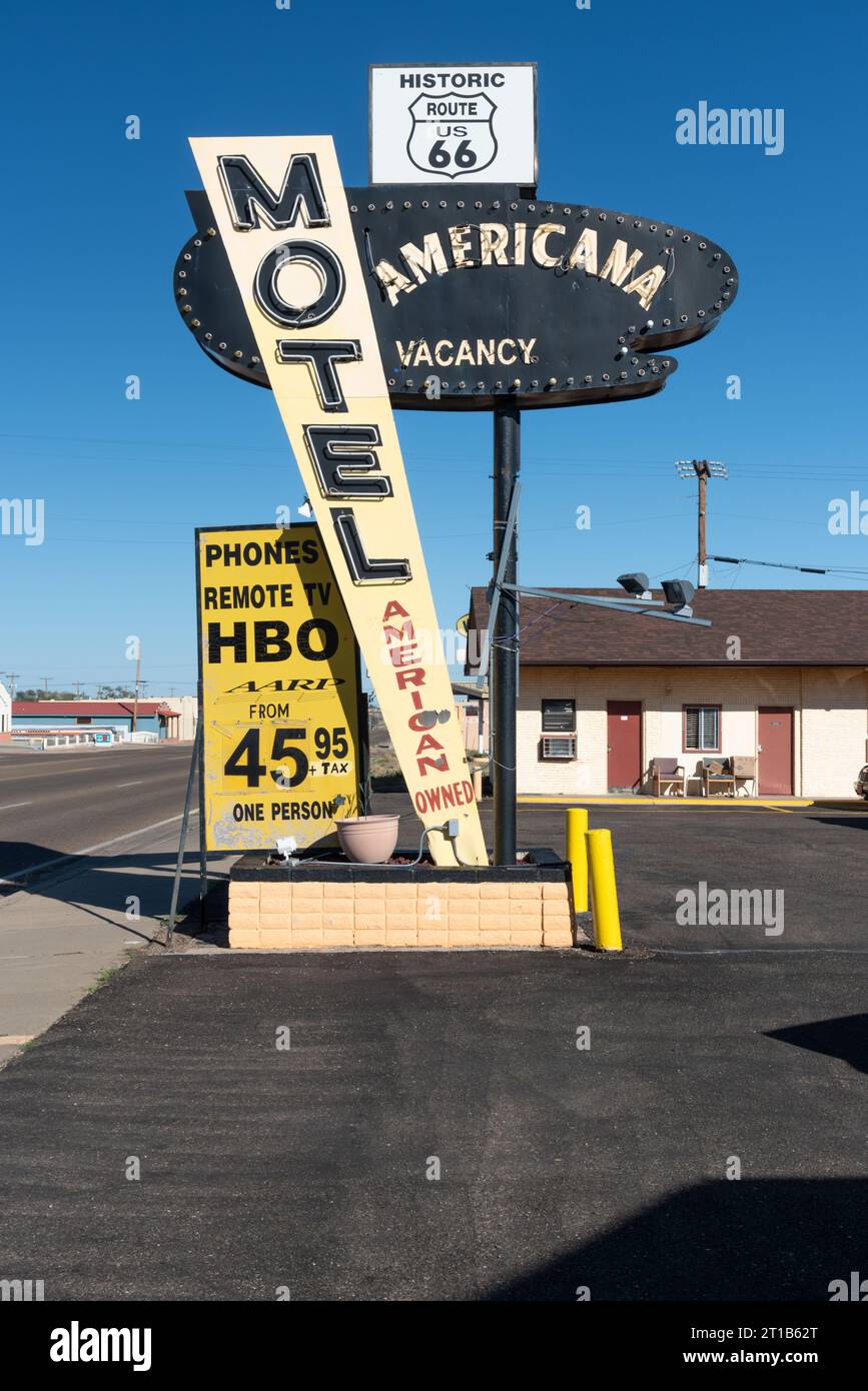 Roadside sign for the Americana Motel built in the 1930s on Route 66 ...