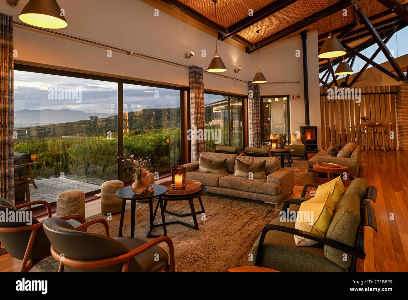 Forest Lodge, interior, central area, blue hour, Grootbos Private ...