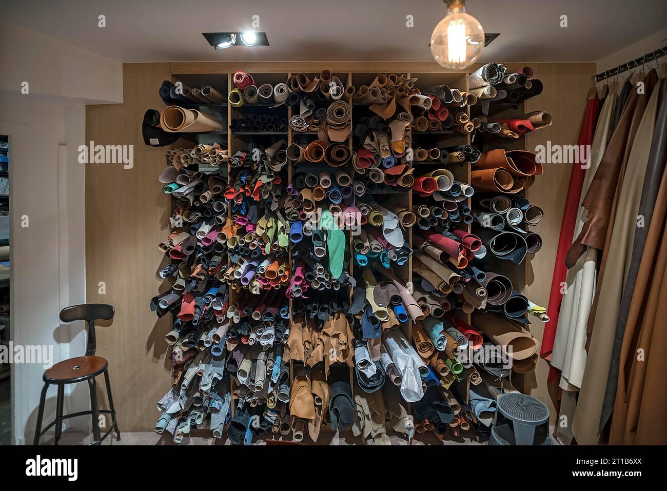 Leather warehouse in a leather craft workshop, Paris, France Stock ...