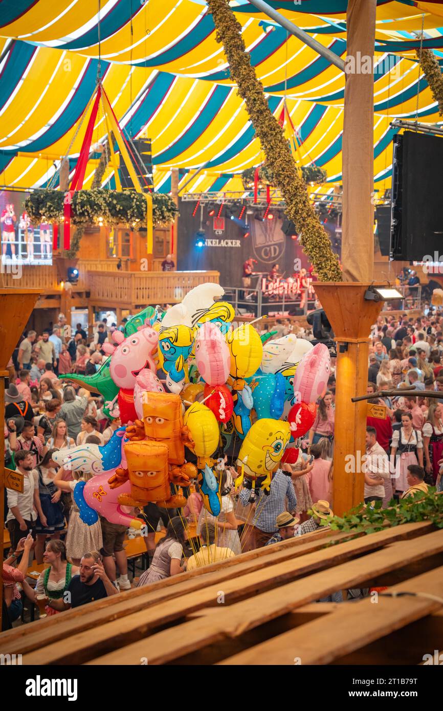 Beer tent full of drunken people, Canstatter Wasen, Stuttgart, Germany ...