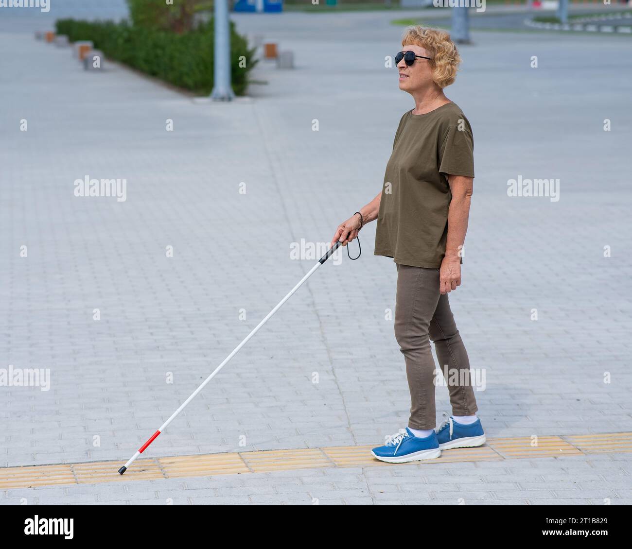 An elderly blind woman walks with a cane along a tactile tile Stock ...
