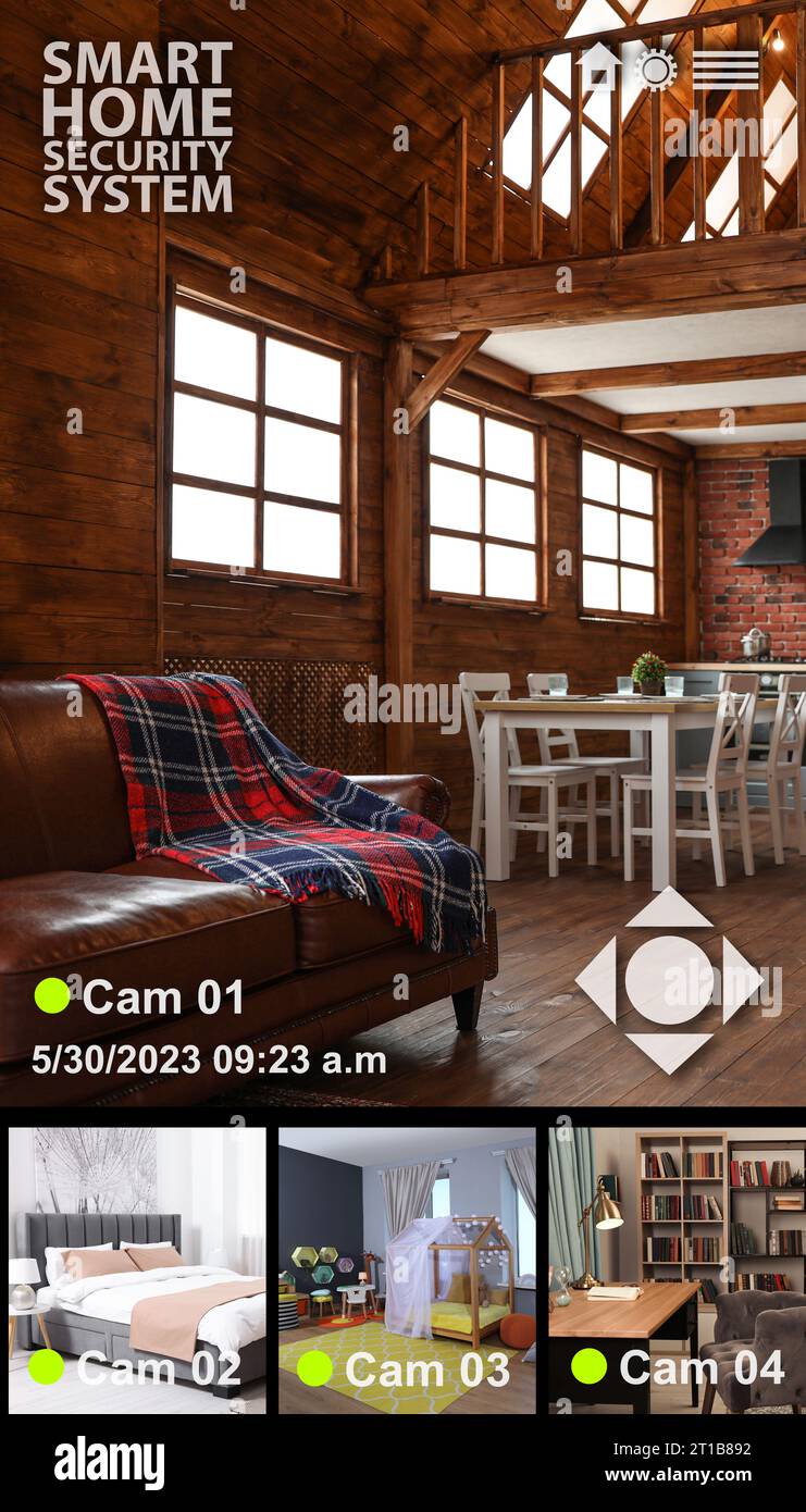 Smart home security system. Different rooms, view from cameras in house ...
