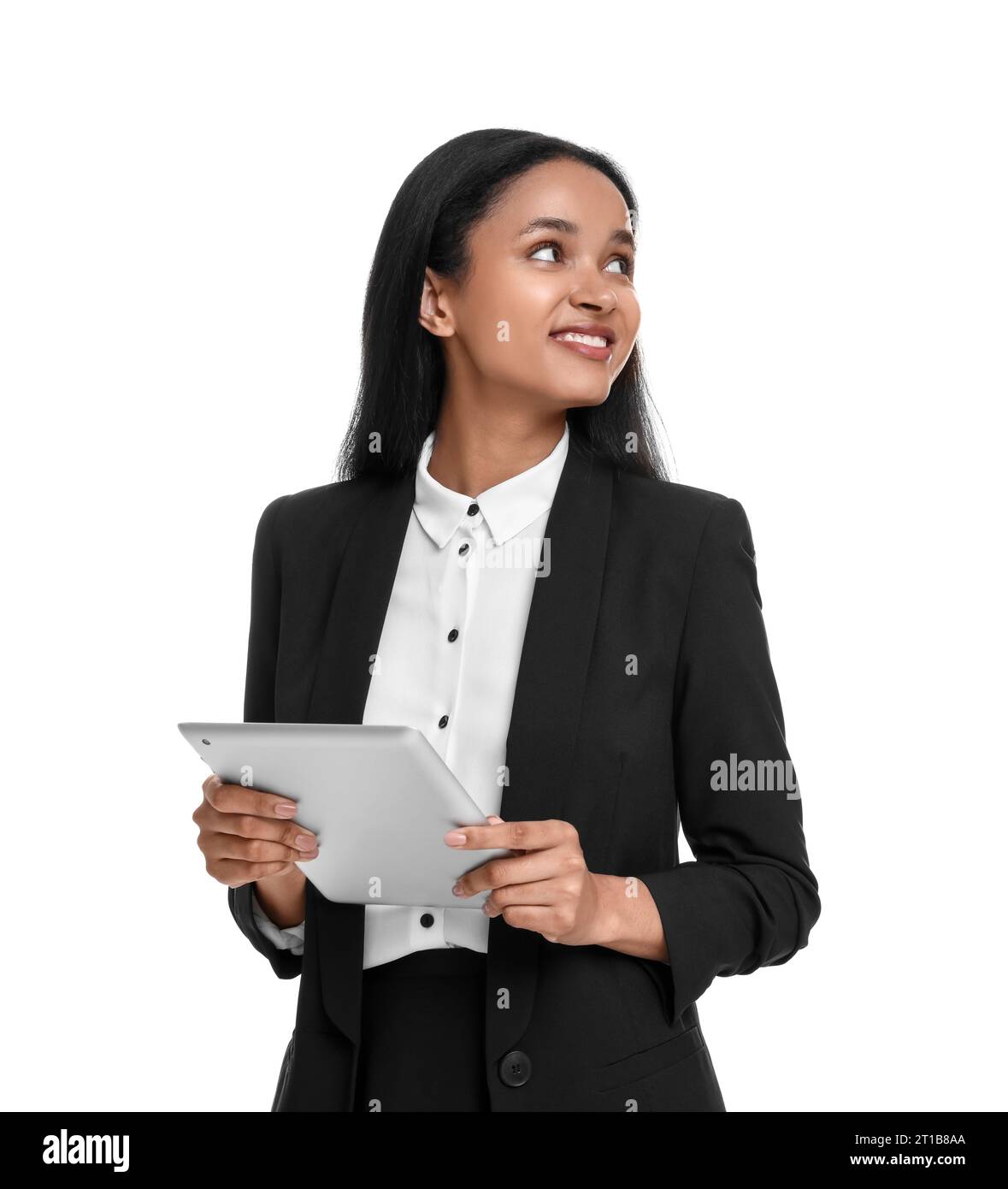 Beautiful secretary with laptop on white background Stock Photo - Alamy