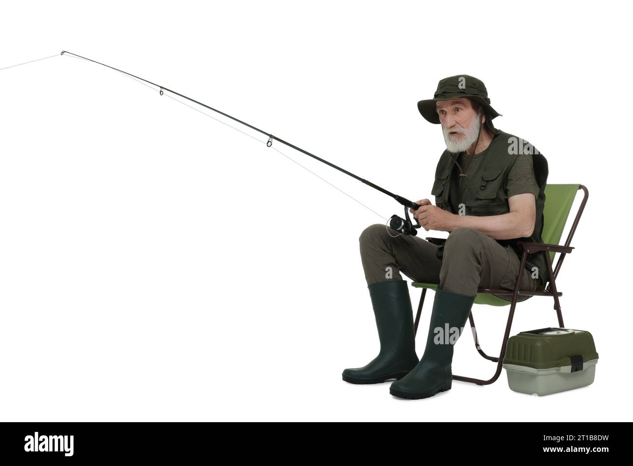 Fisherman with rod and tackle box on chair on white background Stock ...