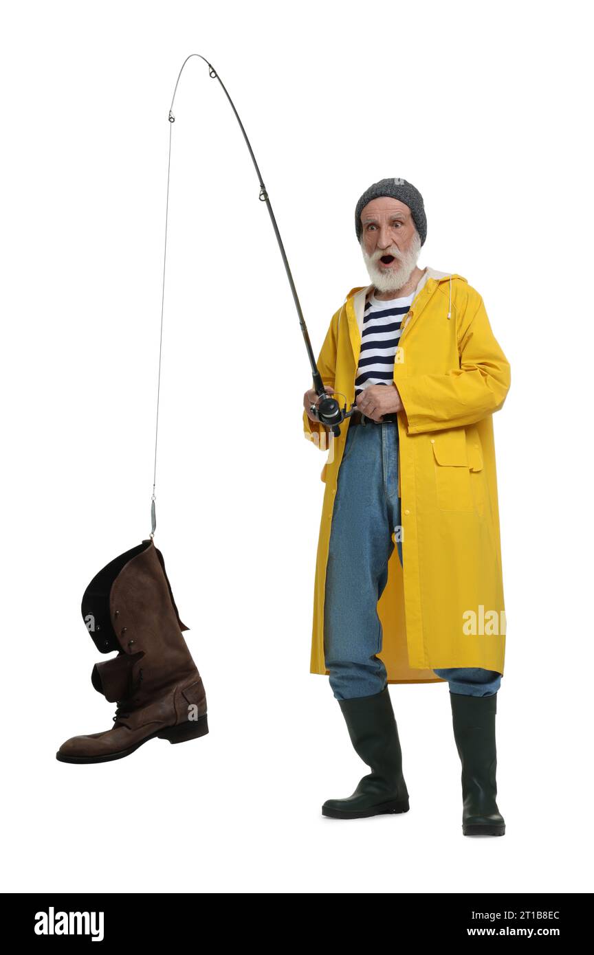 Shocked fisherman with rod and old boot isolated on white Stock Photo ...